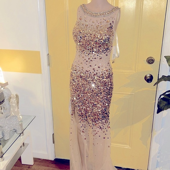 NWT Jovani nude rhinestones sequins elegant all eyes on you dress only ...